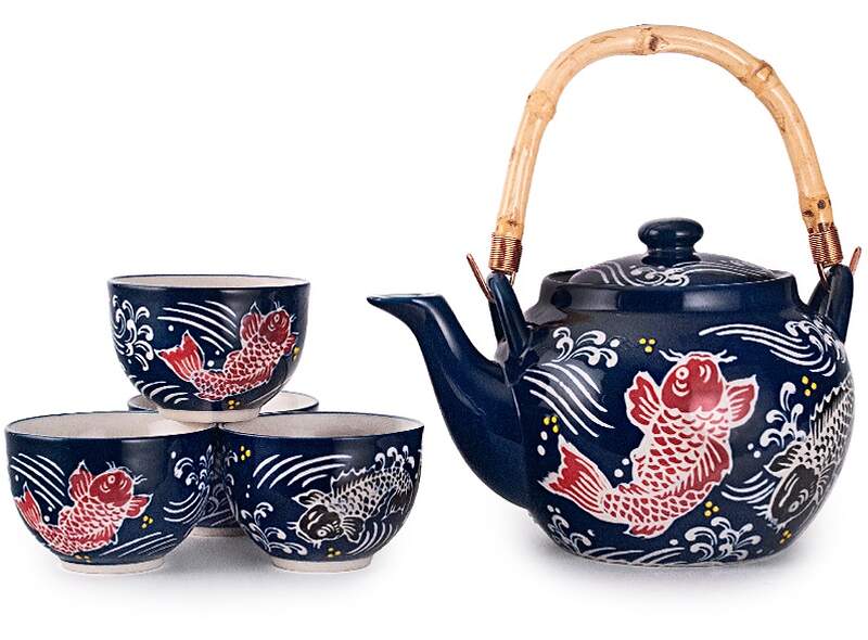 Black and Red Koi on Blue | 25oz Tea Set with Bamboo Handle